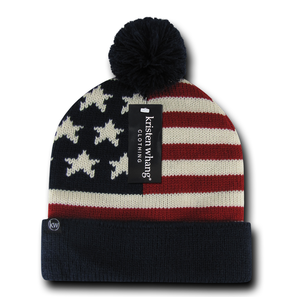 US Flag Knit Beanie, USA American Flag Knit Cap with Pom Pom – The Park ...